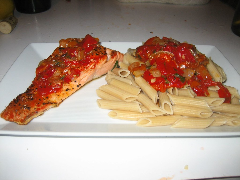 Seared Coho Salmon with whole wheat pasta and a rustic tomato sauce ...